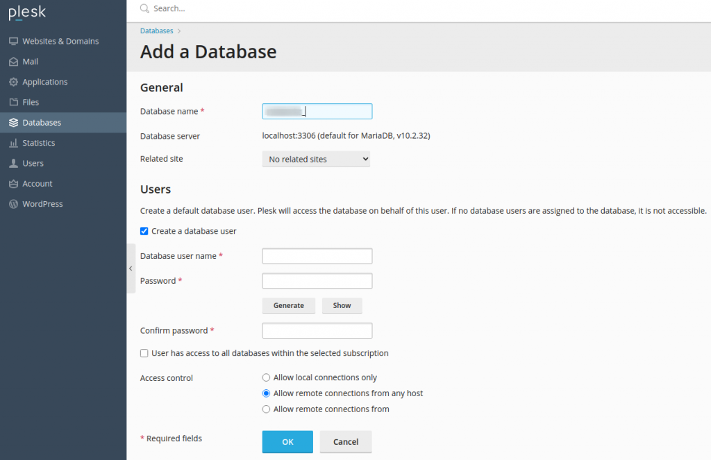Setting Database MySQL di Plesk