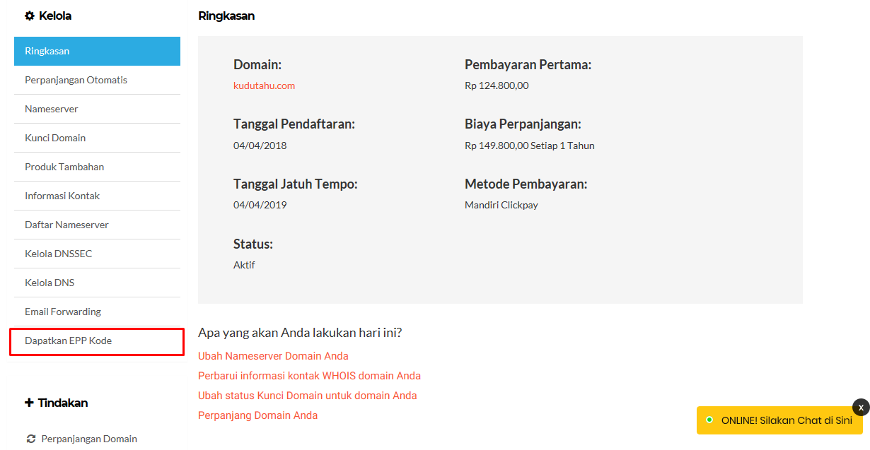 Cara Mendapatkan Kode EPP di Member Area IDwebhost